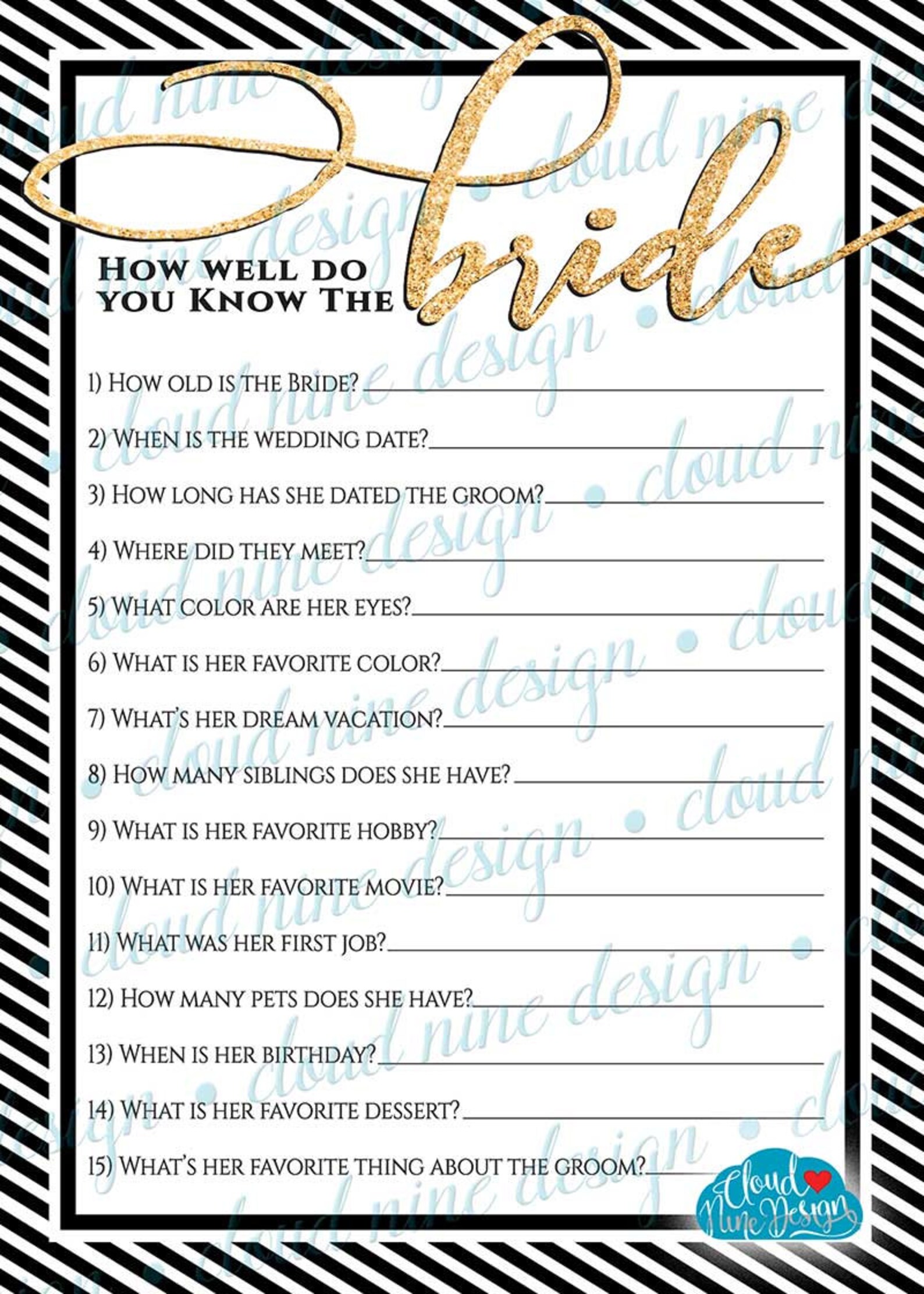 Bridal Shower Game - How Well Do You Know the Bride Game - Instant ...