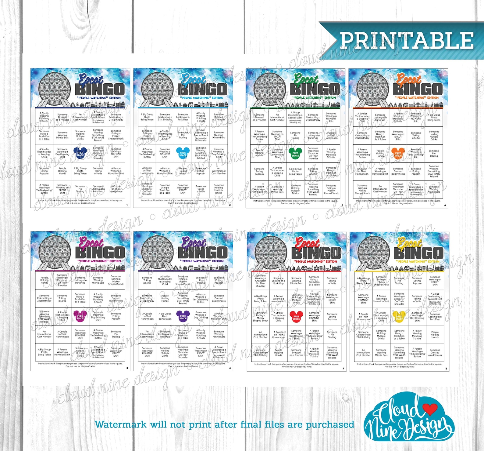 Epcot Bingo - People Watching - Theme Park Game - Game for Waiting in ...