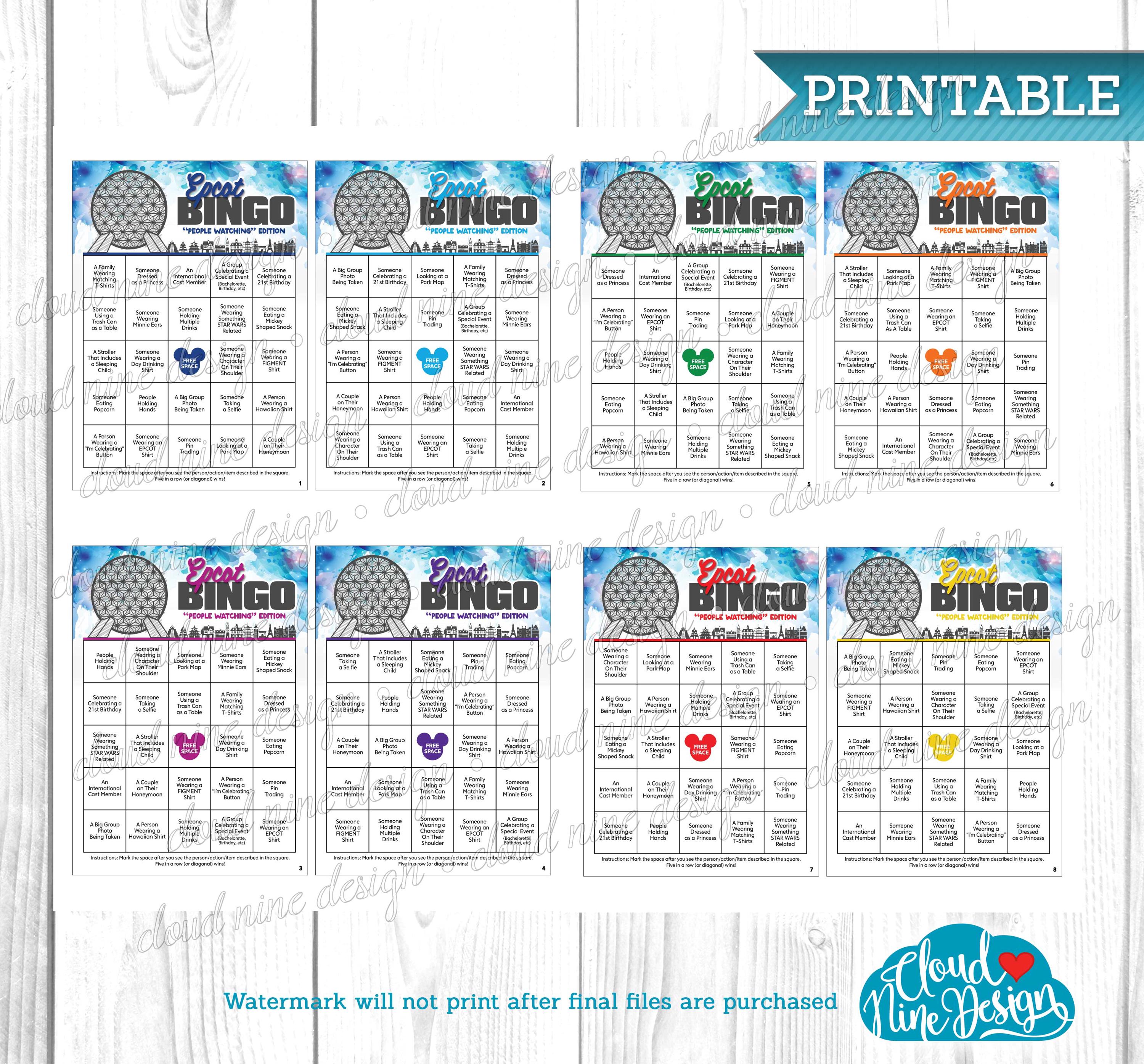 Epcot Bingo - People Watching - Theme Park Game - Game for Waiting in ...