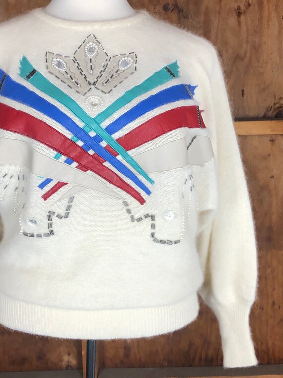 Vintage 80s Beaded Angora Sweater with Leather Appliq… - Gem