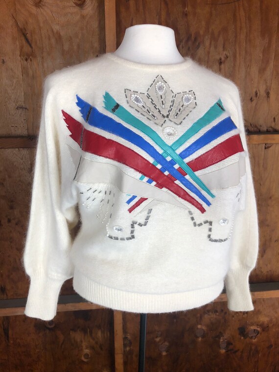 Vintage 80s Beaded Angora Sweater with Leather Appliq… - Gem