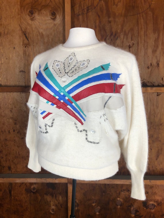 Vintage 80s Beaded Angora Sweater with Leather Appliq… - Gem
