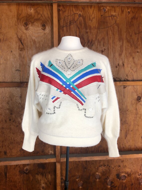 Vintage 80s Beaded Angora Sweater with Leather Appliq… - Gem