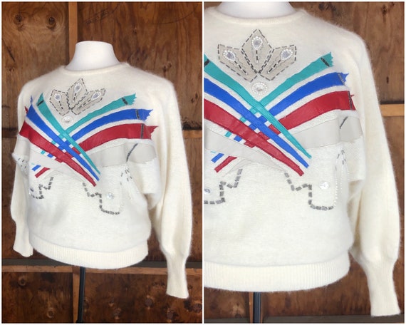 Vintage 80s Beaded Angora Sweater with Leather Appliq… - Gem