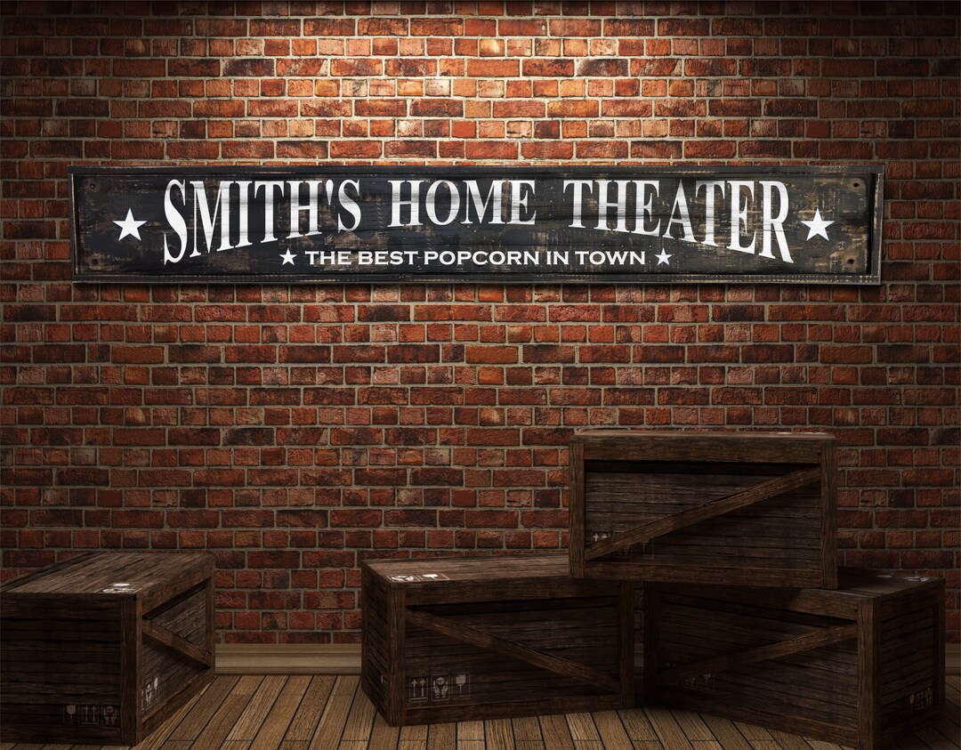 Custom Personalized Home Theater Sign Family Last Name Rustic Wooden ...