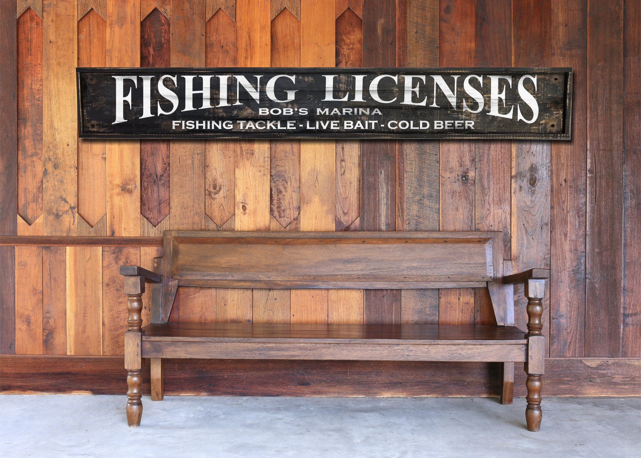 Personalized Fishing Licenses Sign, Rustic Framed Wood, Man Cave Decor ...