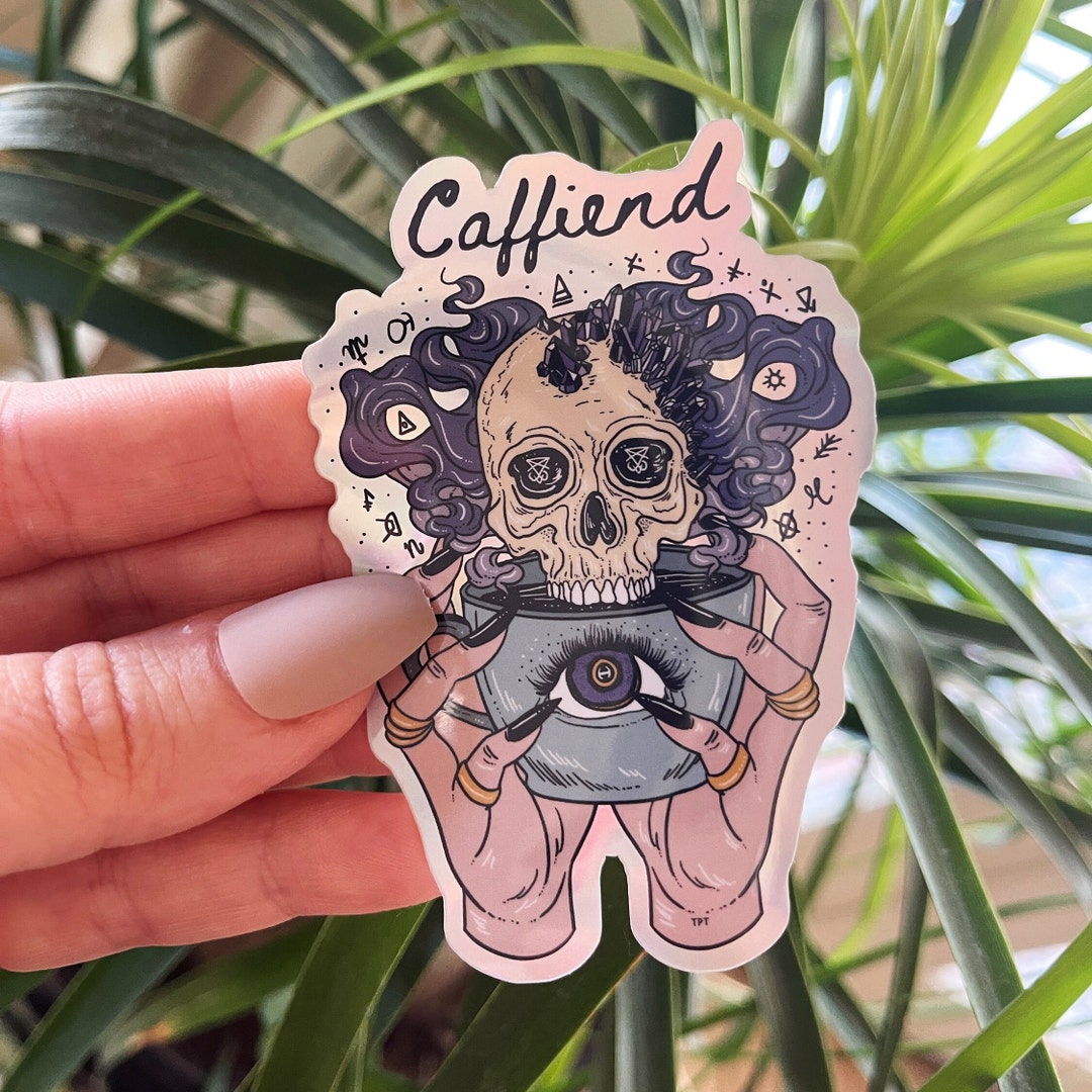 Caffiene Fiend Card Holographic Sticker, Skeleton Coffee Sticker ...