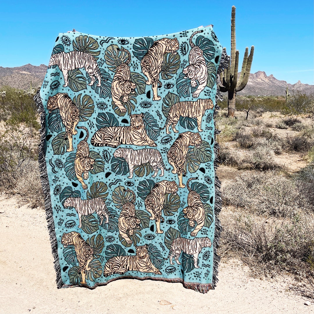 Tiger With Monstera Evil Eye Throw Blanket, Tiger Pattern With Monstera ...