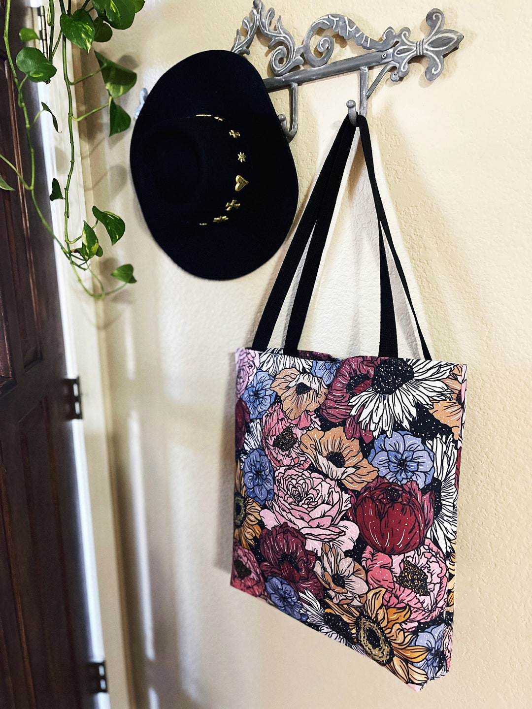 Retro Floral Pattern Tote Bag, Retro Floral Grocery Bag, Retro Colors ...