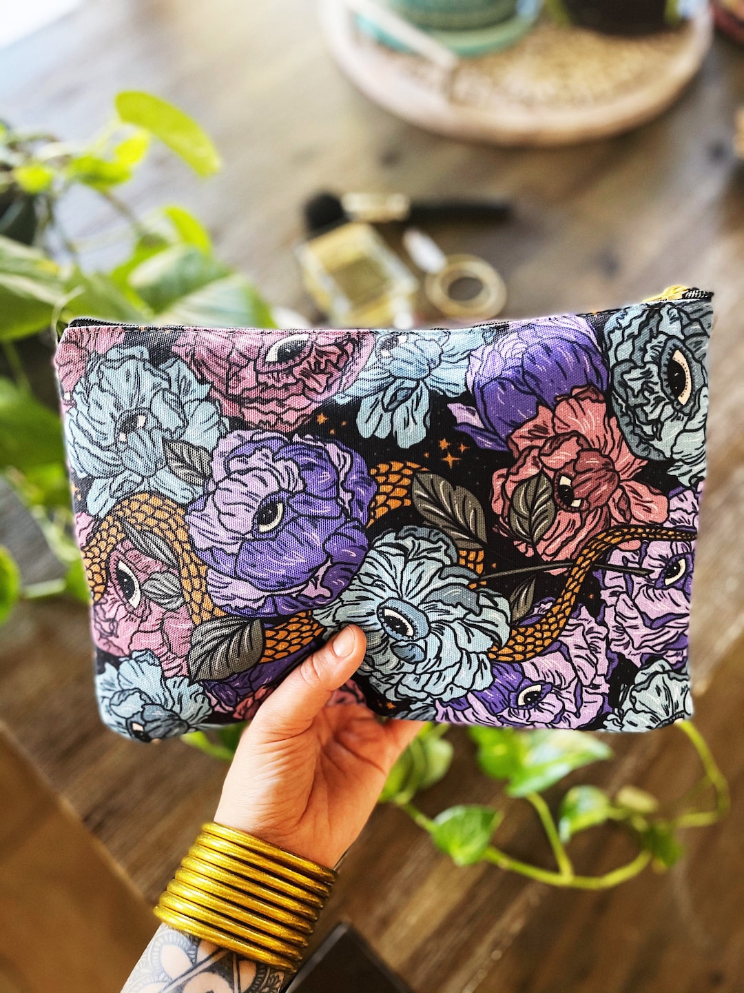 Gothic Floral Pattern Zipper Cosmetic Pouch, Gothic Evil Eye Floral ...