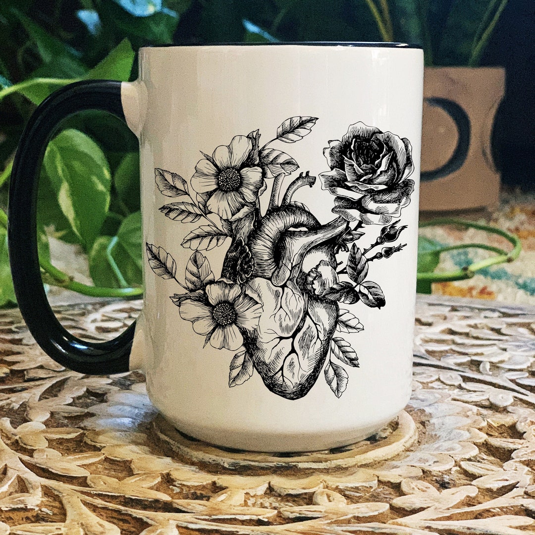 Sacred Heart Mug, Heart With Flowers Mug, Anatomical Heart Mug, Hand ...