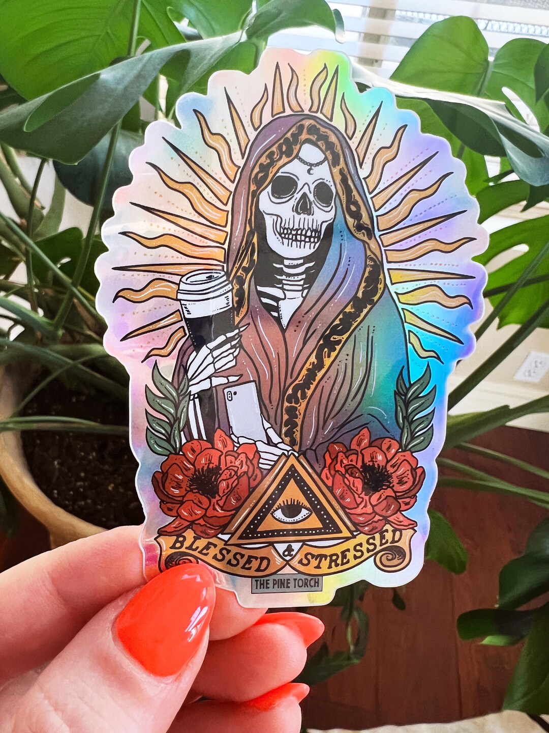 Blessed Stressed Holographic Sticker, Skeleton Coffee Sticker, Waterproof Coffee Skull Sticker ...