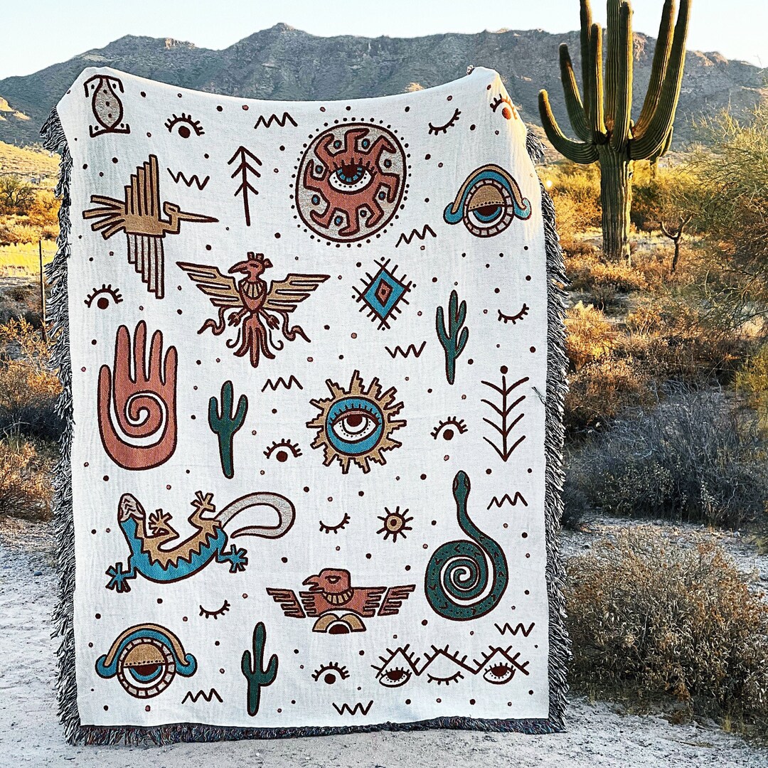 Aztec Woven Fringe Blanket, Cactus Phoenix Evil Eye Woven Fringe ...