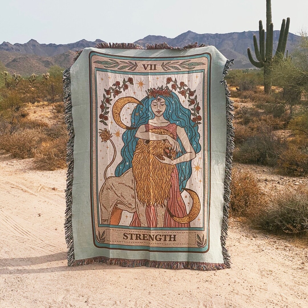 Strength Woman and Lion Tarot Card Woven Throw Blanket, Strength Tarot ...