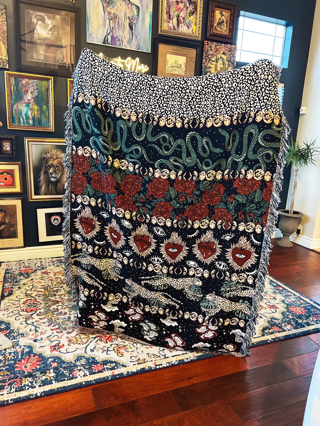 Leopard Mushroom Snake Woven Throw Blanket, Gothic Moon Sacred Heart ...