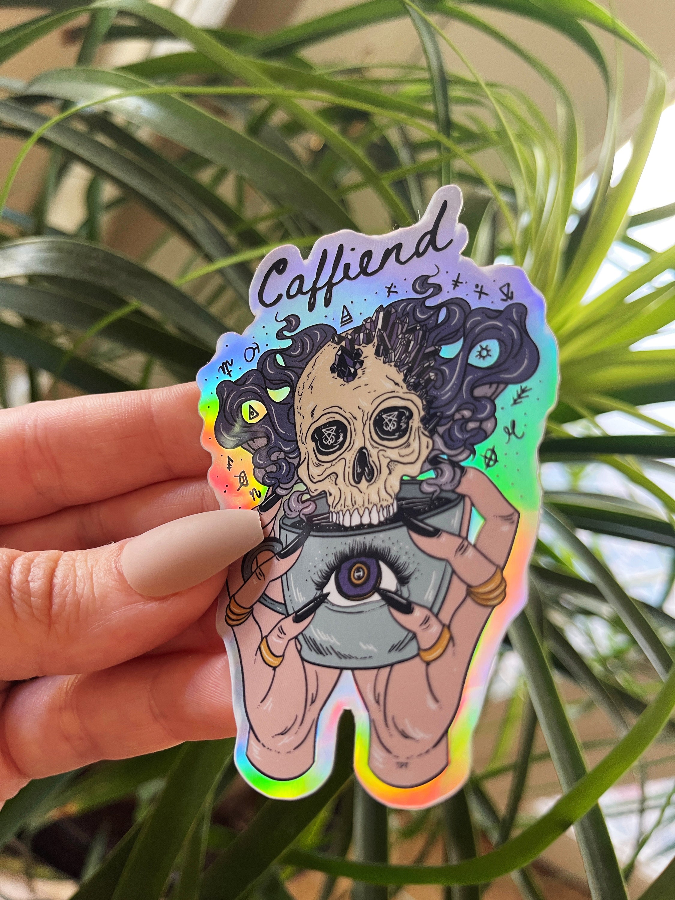 Caffiene fiend Card Holographic Sticker Skeleton coffee | Etsy
