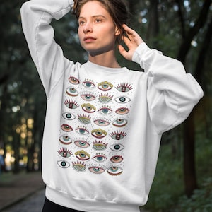 Evil Eye Pattern Pullover, Retro Evil Eye Sweatshirt, Third Eye Pattern ...