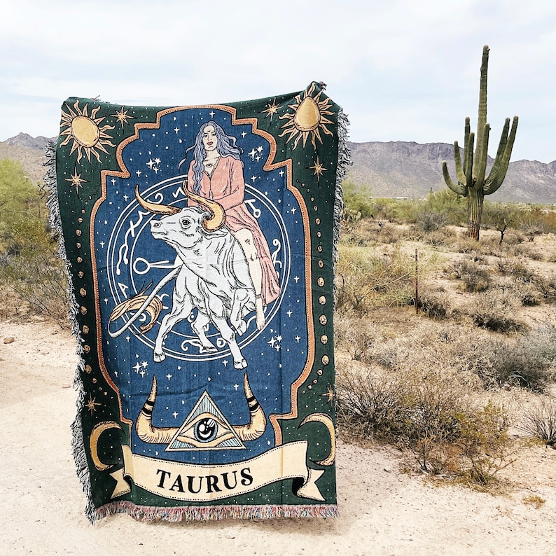 Taurus Zodiac Woven Fringe Blanket, Taurus Blanket, Zodiac Blanket, Zodiac Oversized Woven ...