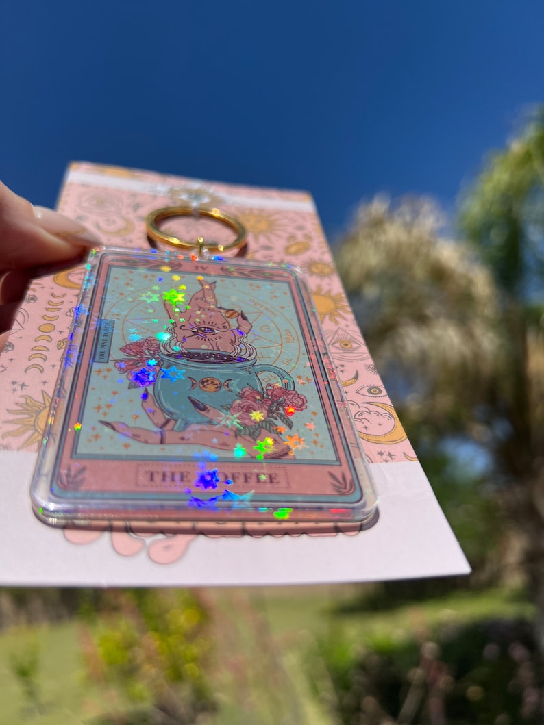 The Coffee Tarot Card Holographic Keychain, Witchy Coffee Tarot Card ...