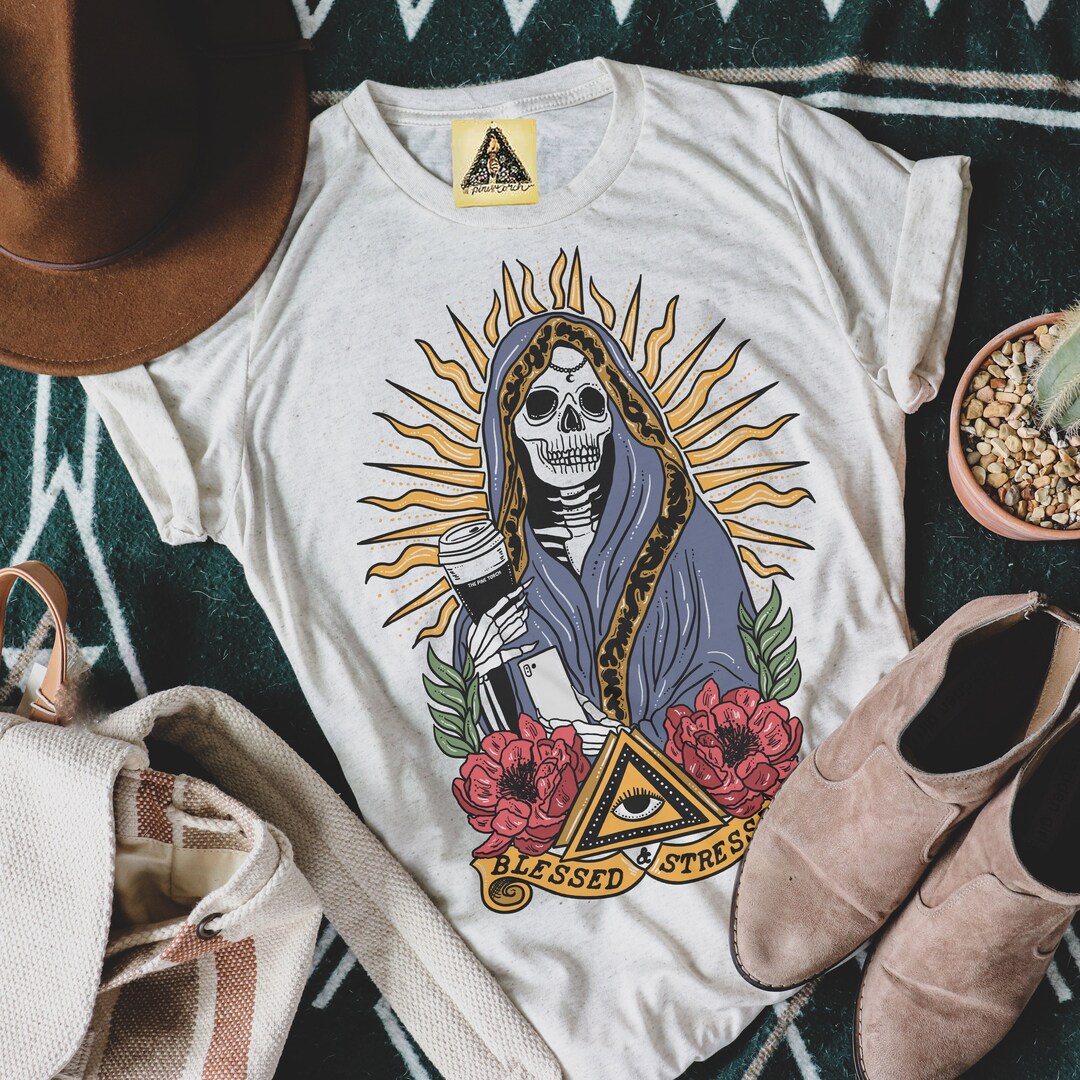 Virgin Mary Coffee Skeleton Shirt, Stressed Virgin Mary Skeleton Shirt ...