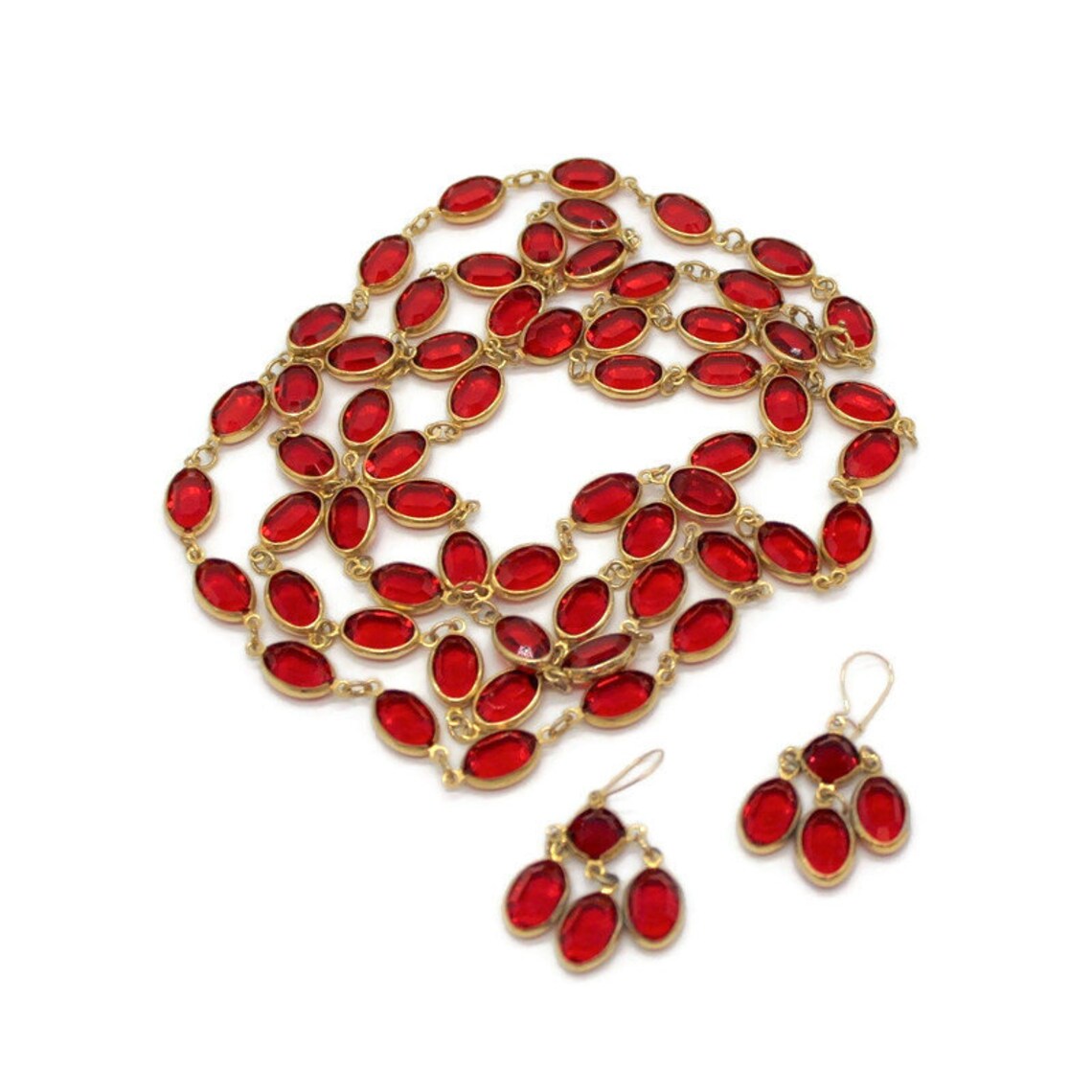 Extra Long Ruby Red Faceted Oval Crystal Necklace, and Dangle Earring ...