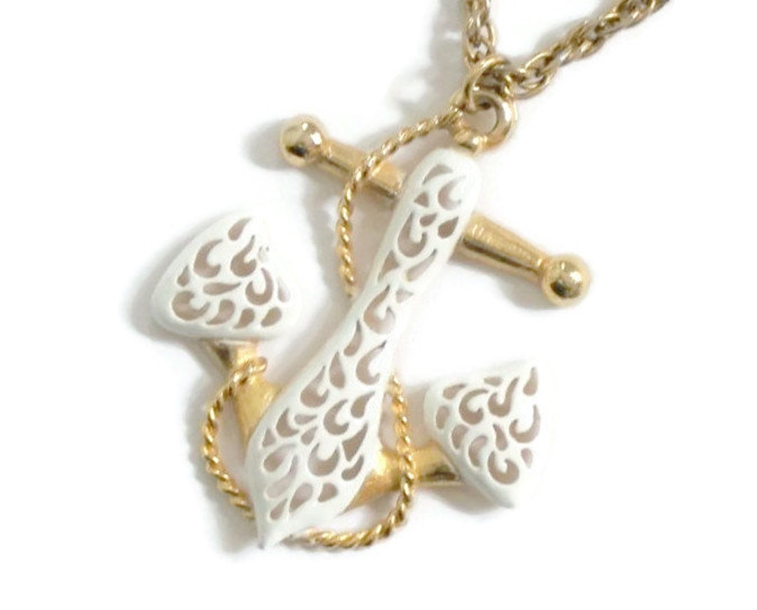 JJ Jonette Anchor Pendant Necklace Gold Tone With White - Etsy