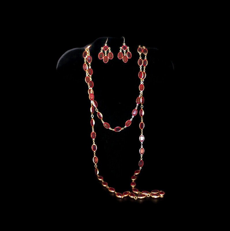 Extra Long Ruby Red Faceted Oval Crystal Necklace, and Dangle Earring ...