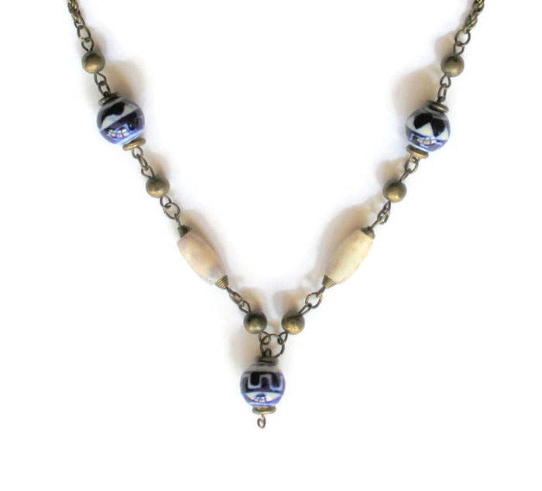 Blue and White Delft Bead Necklace on Antique Brass Rope Adjustable ...