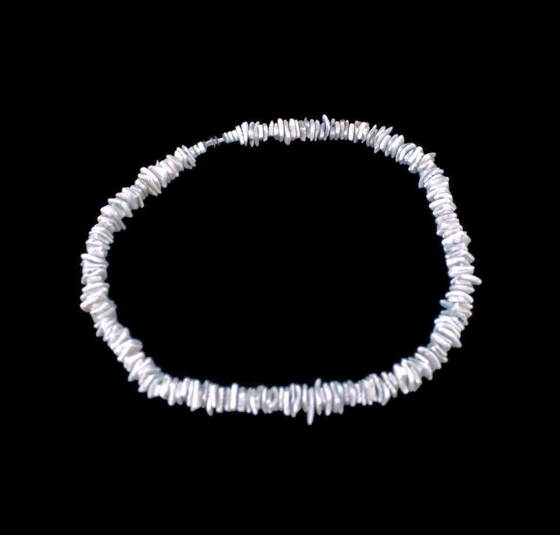 White Puka Shell Choker Necklace, Speckled With Blue, Beige, Tropical ...