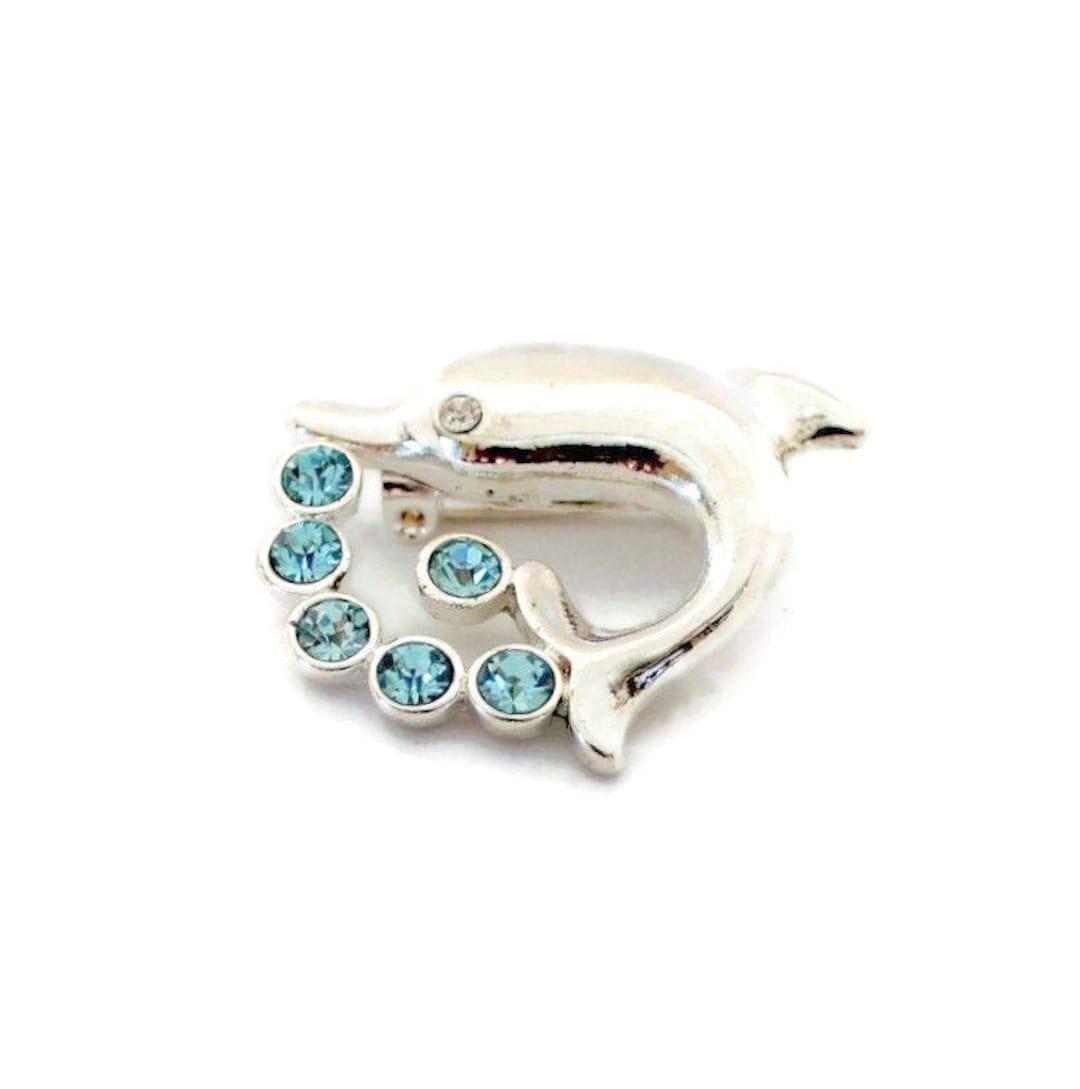Silver Tone Dolphin Brooch Pin, With Light Blue, and Clear Rhinestones ...