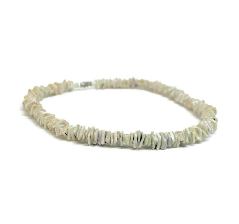 White Puka Shell Choker Necklace, Speckled With Blue, Beige, Tropical ...