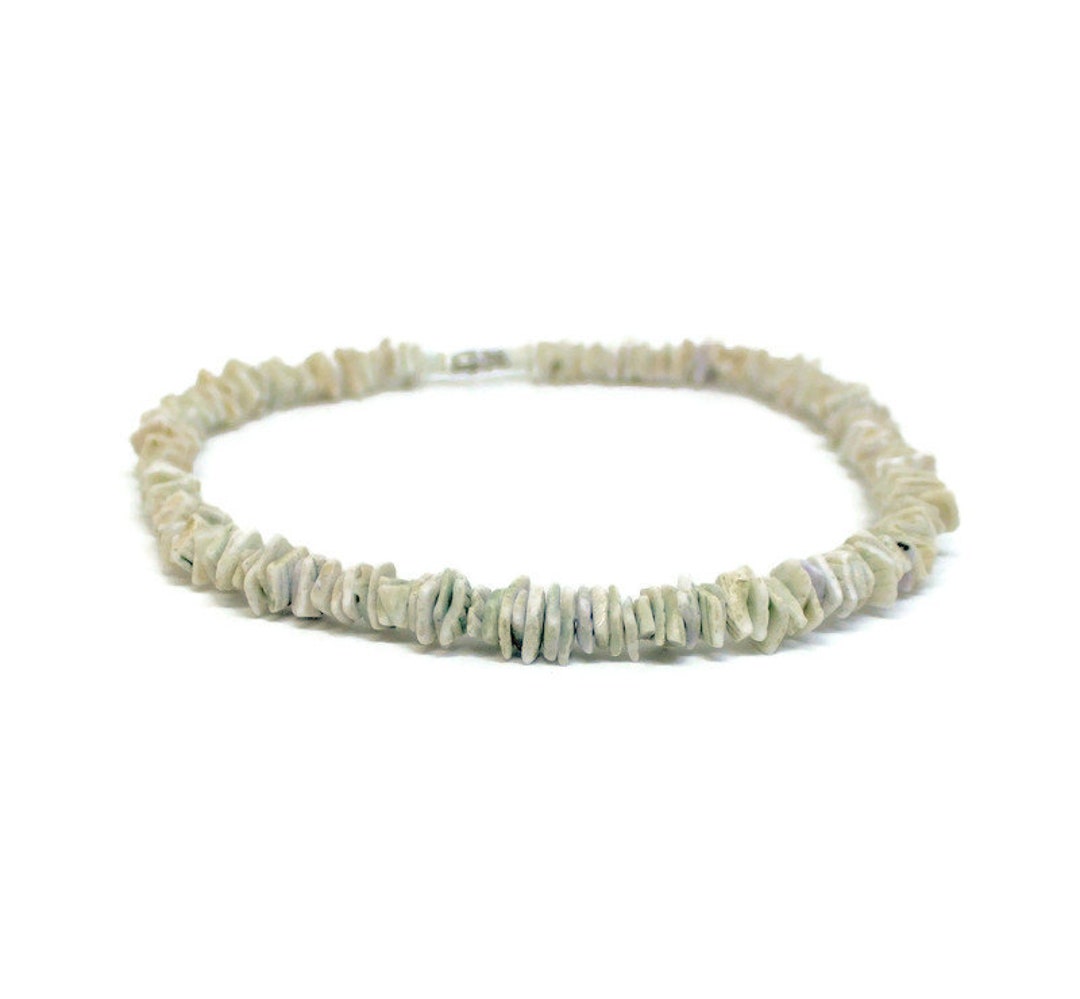 White Puka Shell Choker Necklace, Speckled With Blue, Beige, Tropical ...