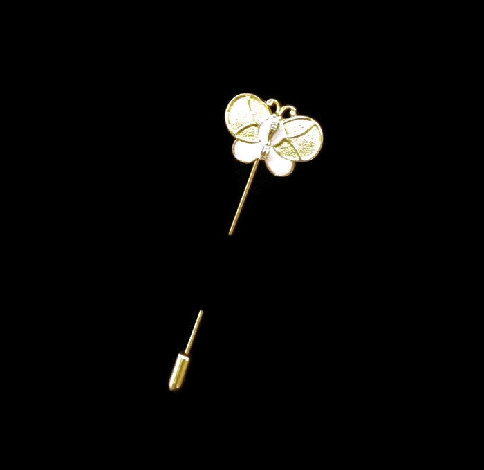Butterfly Stick Pin, Gold Tone and Cream White Enamel, Butterfly ...