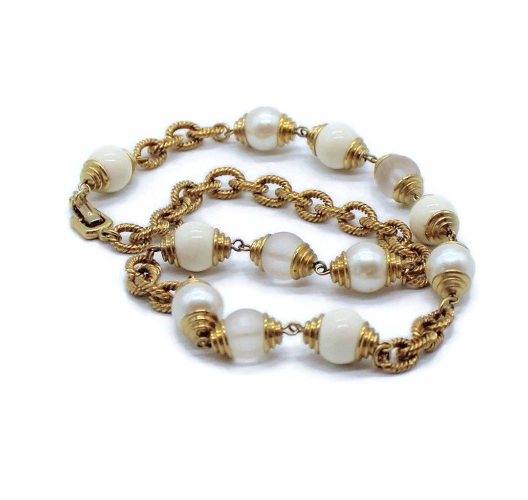 Textured Gold Tone Cable Chain Necklace, With Frosted, White, and Faux ...