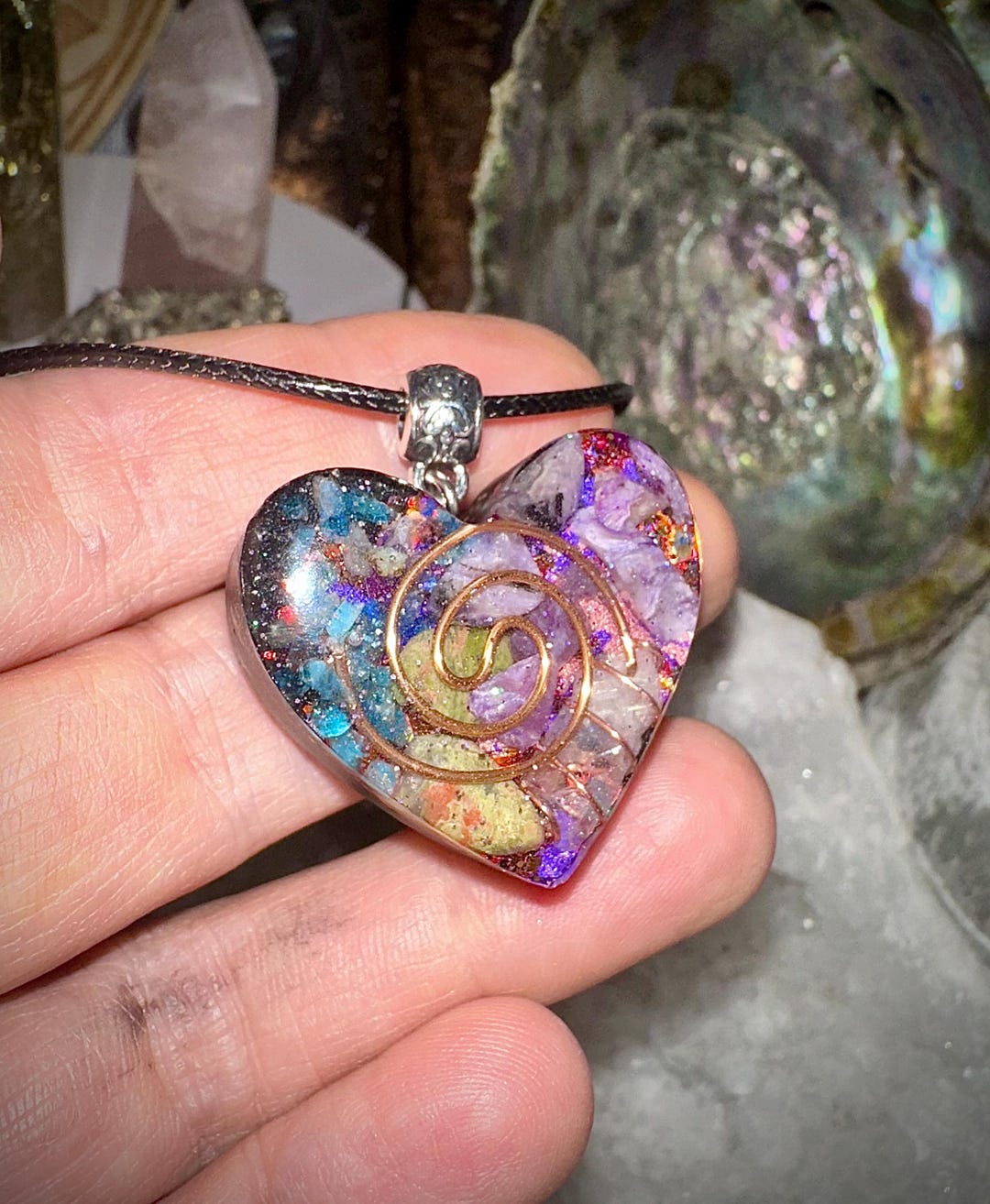 Double Tesla Coil Heart Orgone Necklace, Aura Quartz, Charoite, Blue ...