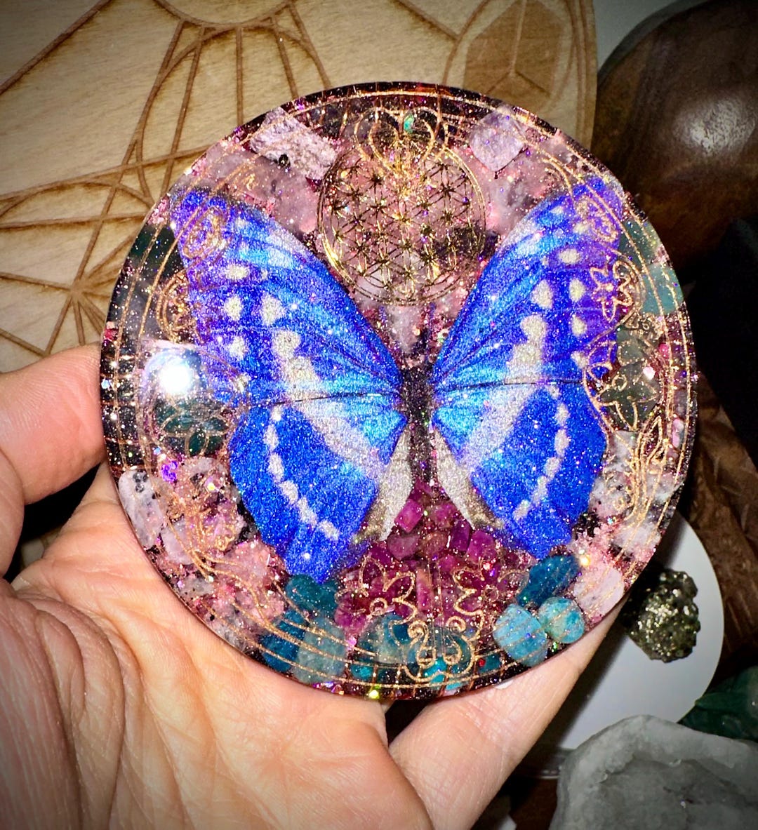 CUSTOM Flower of Life Butterfly Crystal Orgonite Coaster/altar Crystal ...