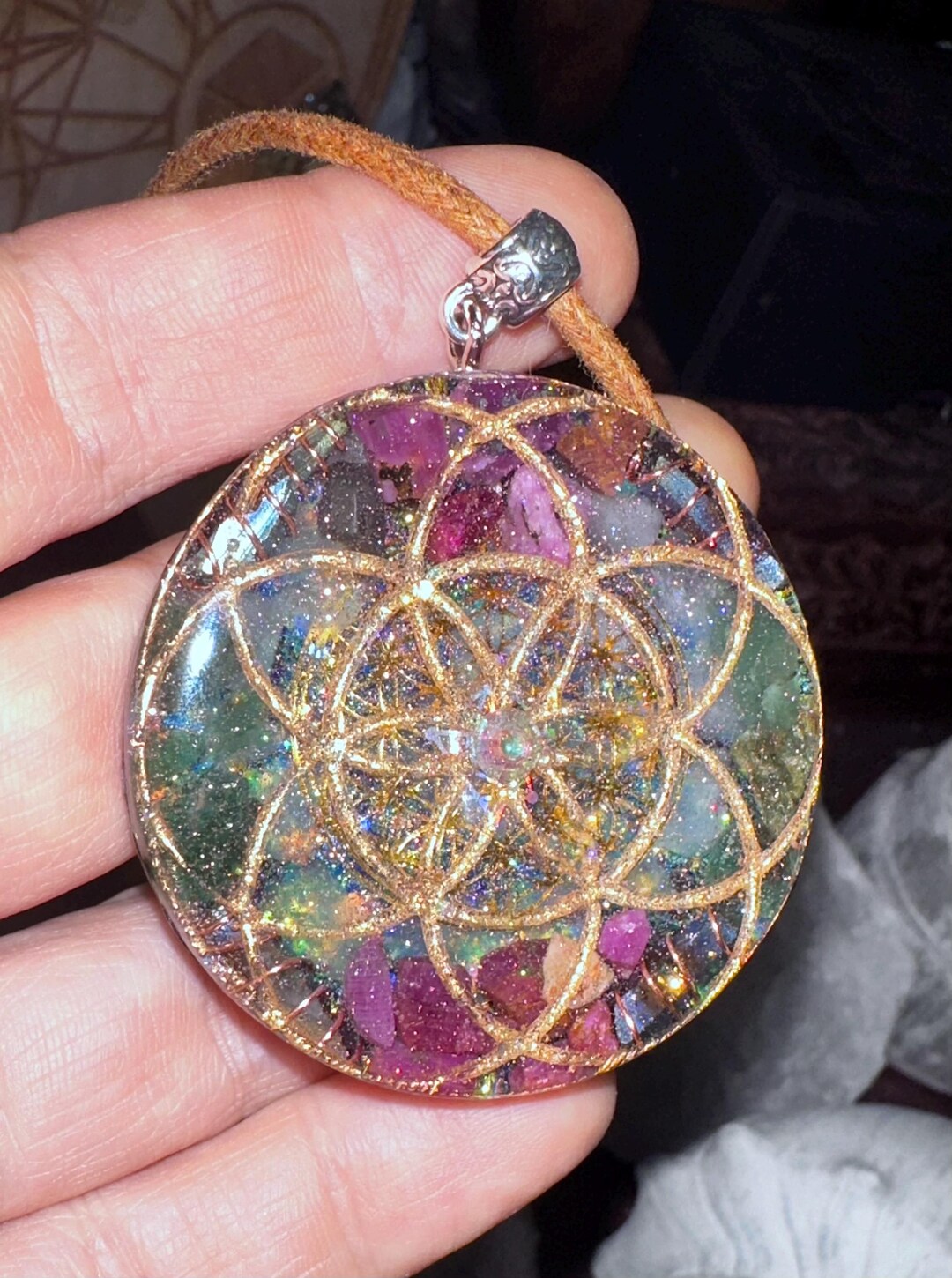 Seed of Life Flower of Life Orgonite, Raw Ruby, Emerald and Shungite ...