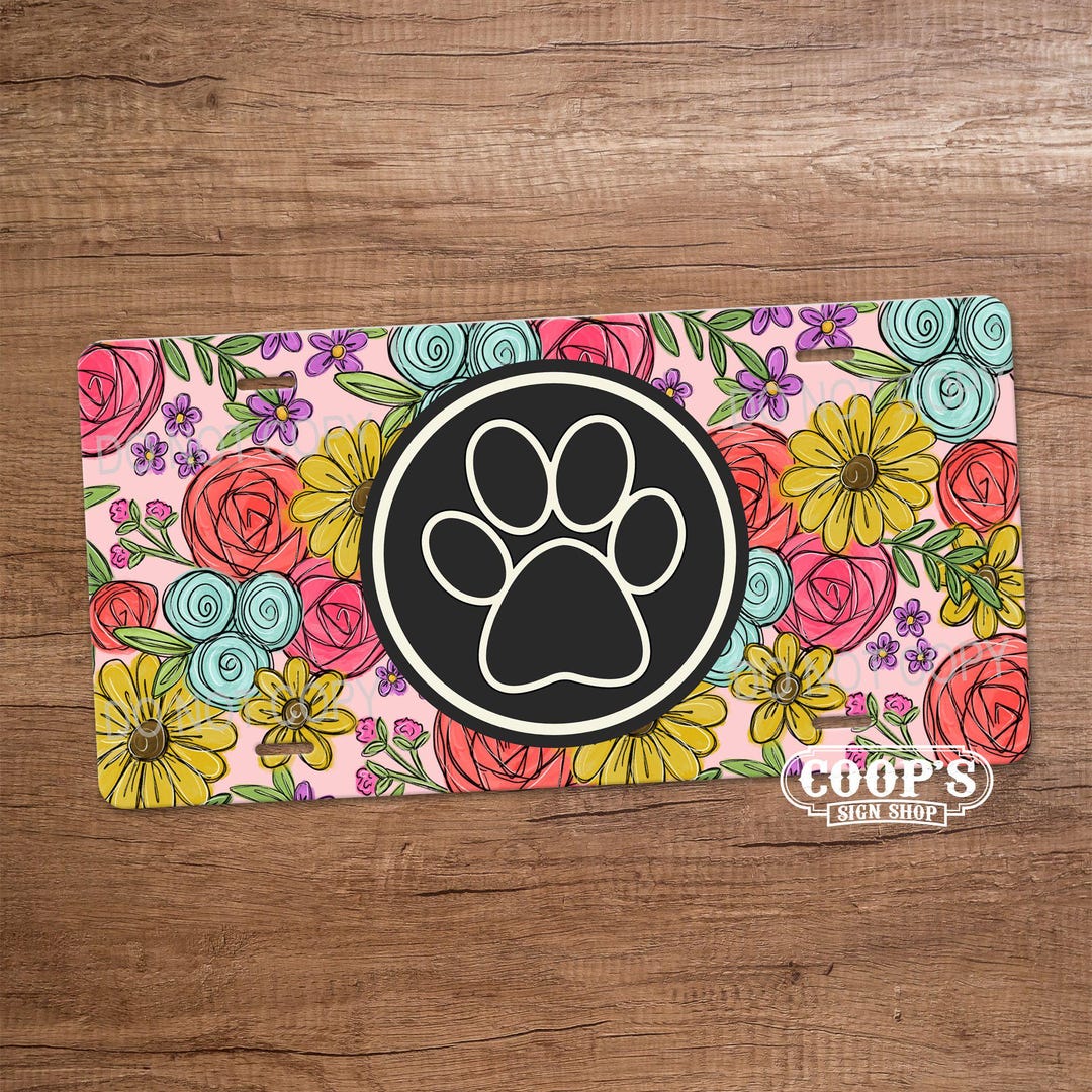 Cute Flower Doodles Pawprint License Plate - Dog Lover - License Plate ...