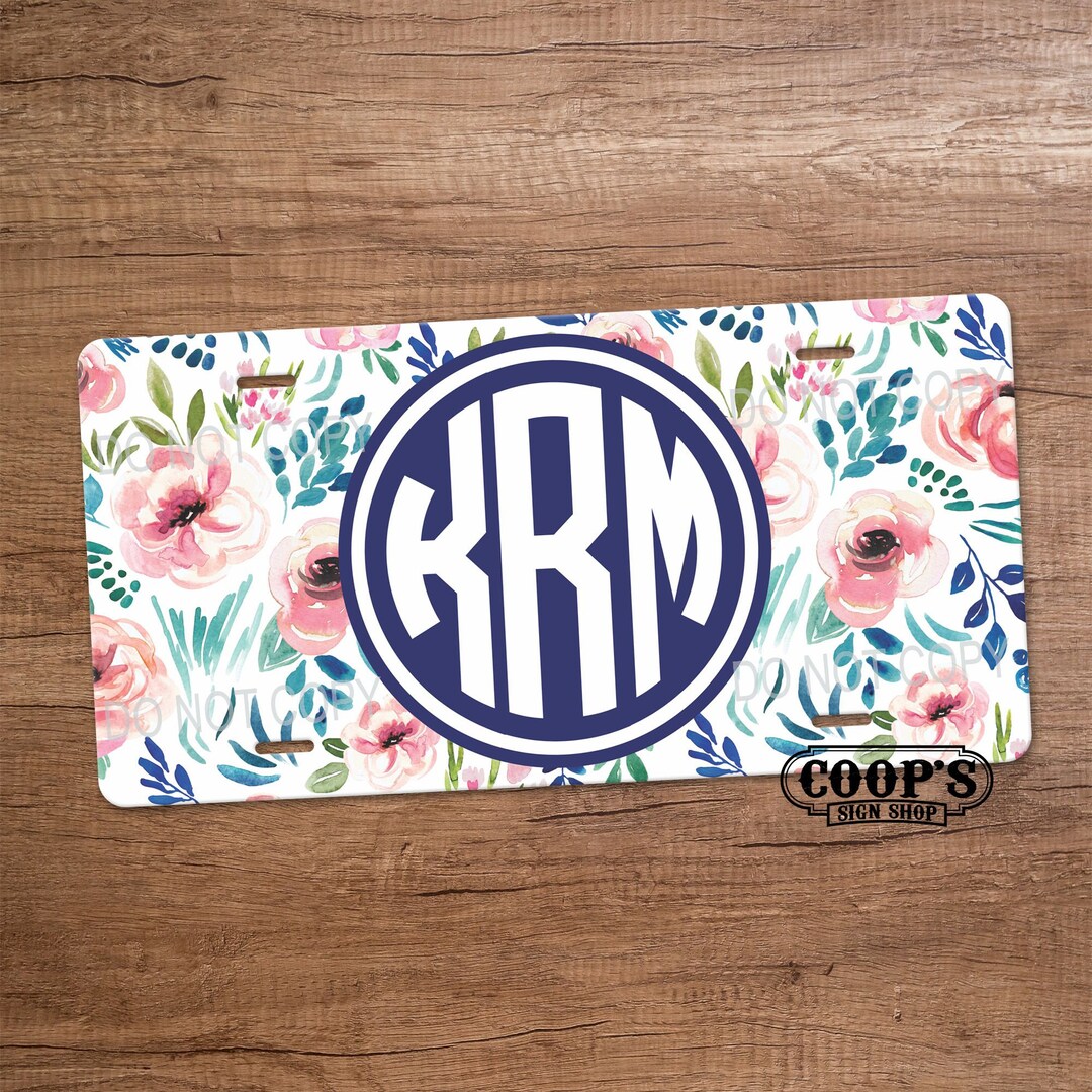 Blues and Pink Floral Monogram License Plate - Personalized Car Tag ...