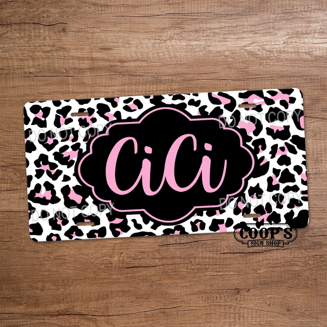 Black and Pink Cheetah Spots License Plate White Black and Pink Car Tag ...