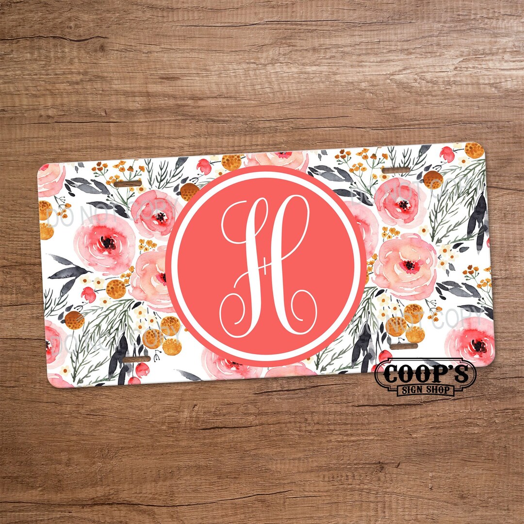 Pink Flower One Letter License Plate - Personalized Car Tag - Pretty ...