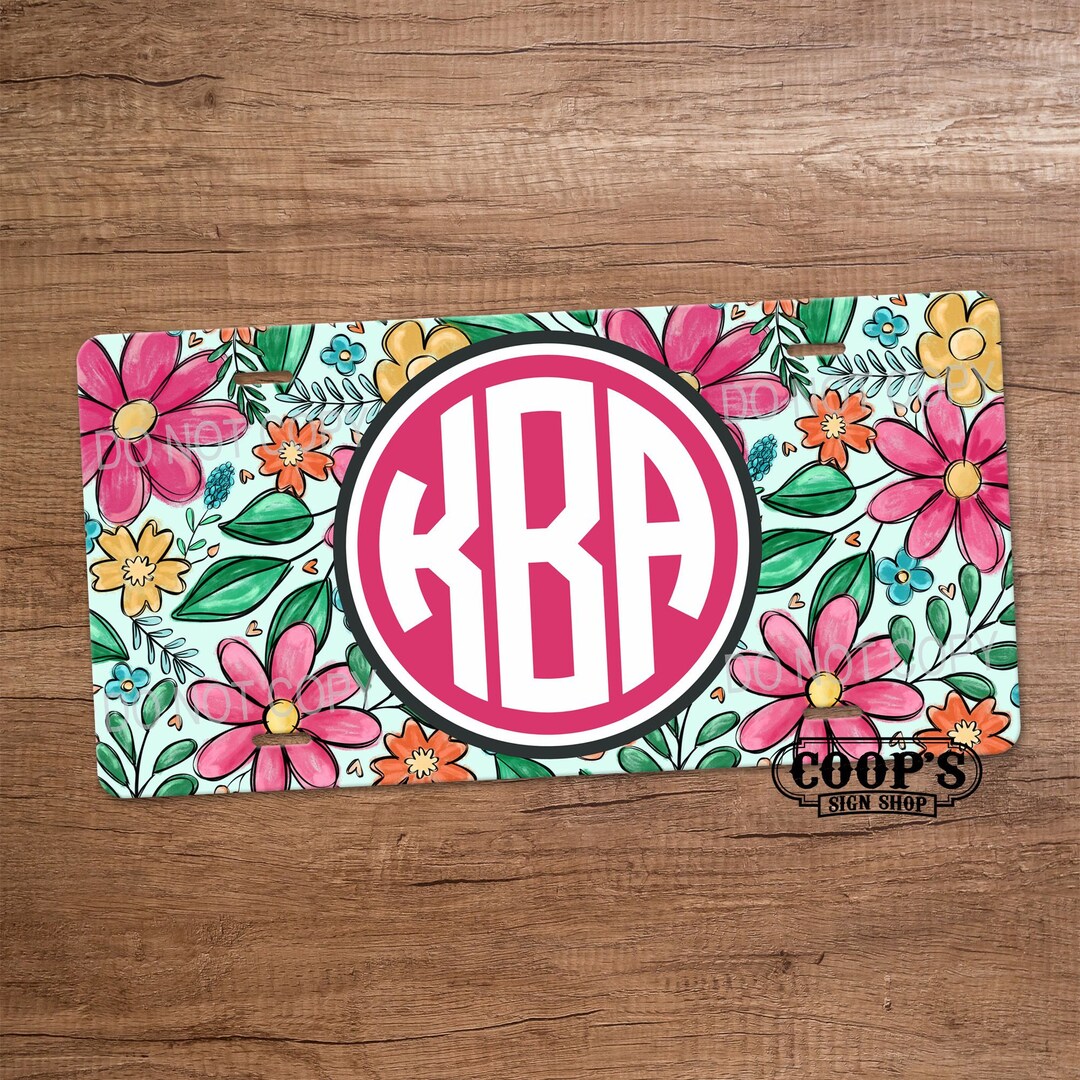 Bright Color Floral Monogram License Plate - Personalized Car Tag ...