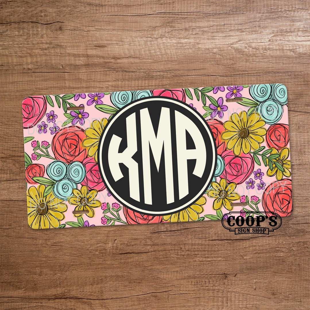 Cute Flower Doodles Monogram License Plate - Personalized Car Tag ...