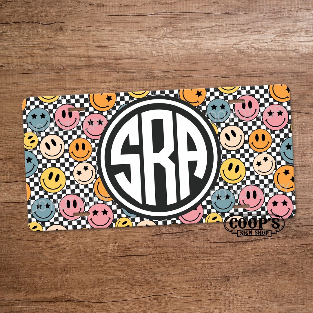 Colorful Checkered Smiley Monogram License Plate - Personalized Car Tag ...