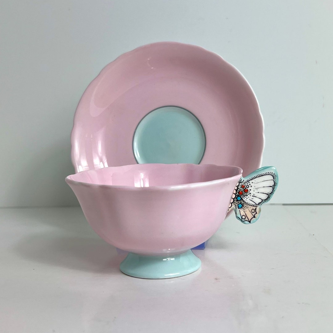 RARE — Paragon Pink Teacup and Saucer, Butterfly Handle, Double Warrant ...