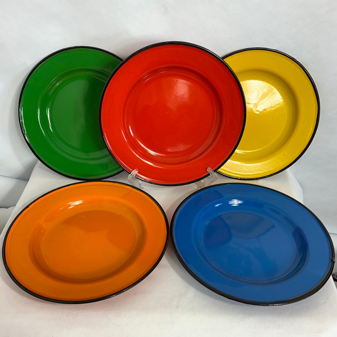 Vintage Enamel Enamelware Primary Color Plates Set of 5 Huta Silesia ...