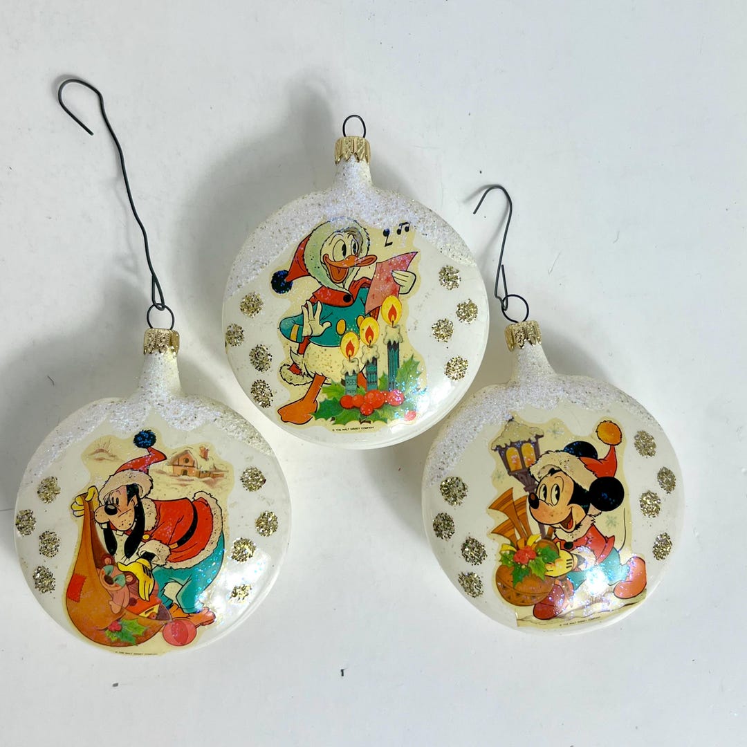 Vintage Disney Glass Round Flat Ornaments Mickey, Donald, Goofy; Set of ...