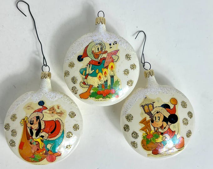 Vintage Disney Glass Round Flat Ornaments Mickey, Donald, Goofy; Set of ...