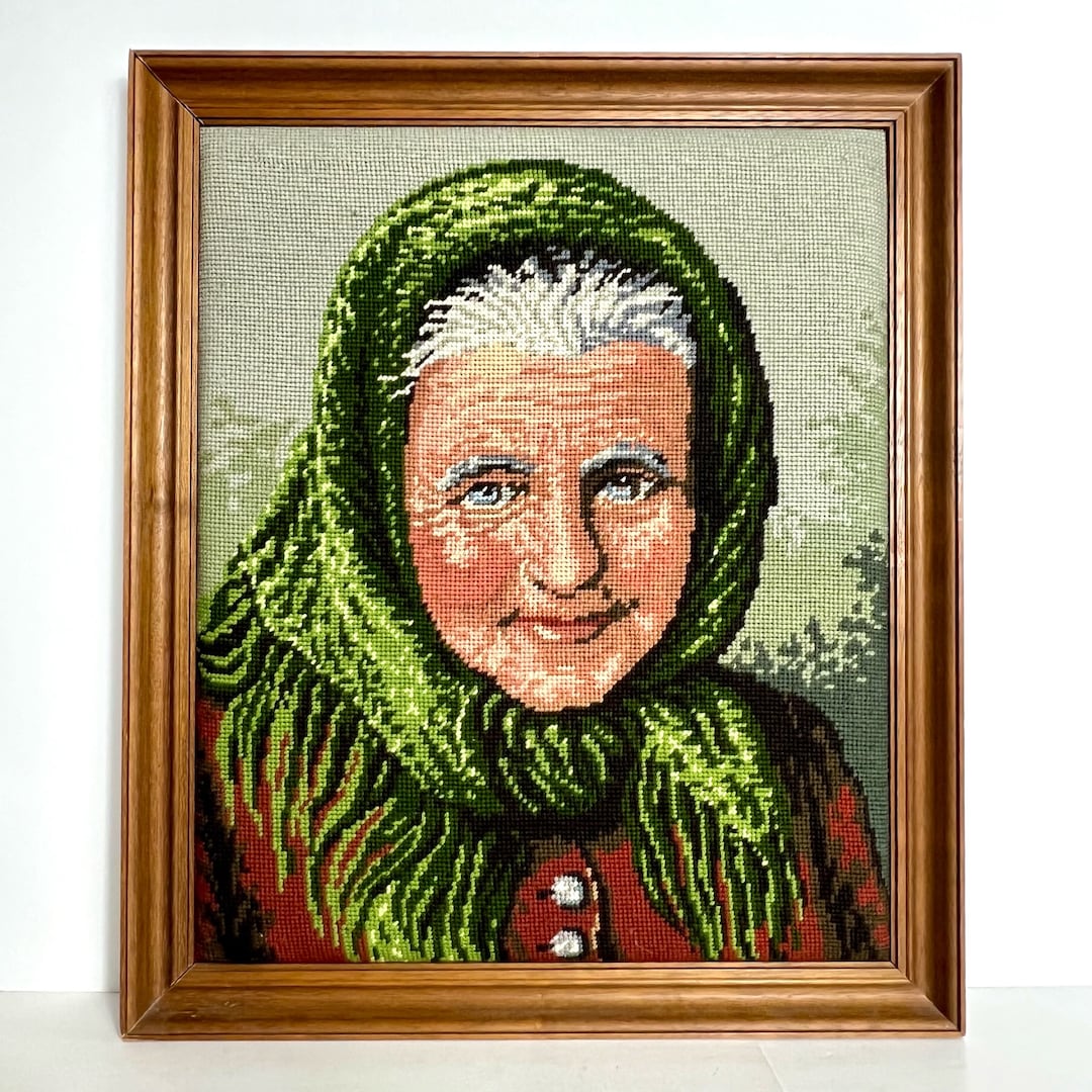 Vintage Needlepoint Old German Woman, European Grandma Grandmother ...