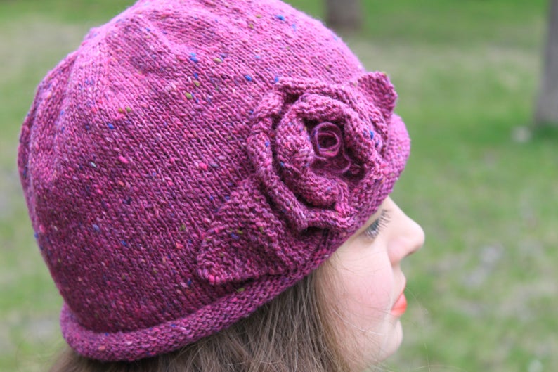 Rose Hat Knitting Pattern: Geilsk Tweed Rolled Edge Beanie (PDF Pattern ...